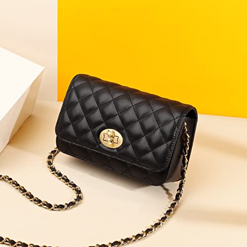 FOXLOVER Women’s Mini Crossbody Bags Purses Quilted Chain Shoulder Bag for Women Real Leather Casual Handbag (Black)