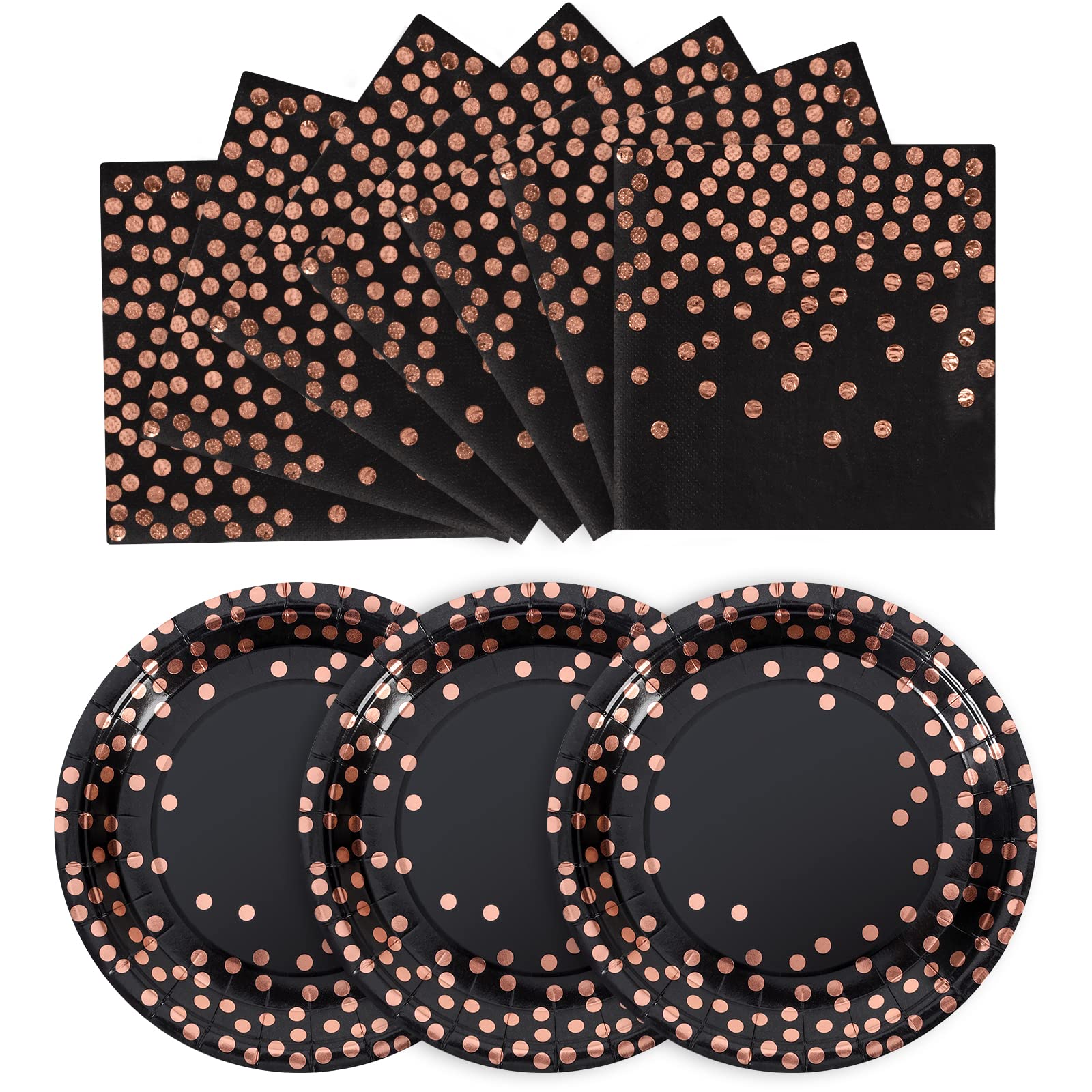 CENLBJ Black and Rose Gold Paper Plates- 100 Pack- 50 x 9 Dinner Plates & 50 x 6.5 Napkins, Black Paper Plates and Black Napkins Party Supplies for Birthdays and All Occasions