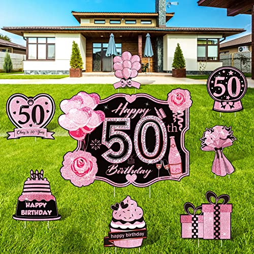 50th Birthday Yard Sign Decorations Supplies for Women, Black Pink Happy 50 Birthday Lawn Sign with Stakes 50 Year Old Birthday Yard Decor Fifty Birthday Outdoor Lawn Decorations for Women
