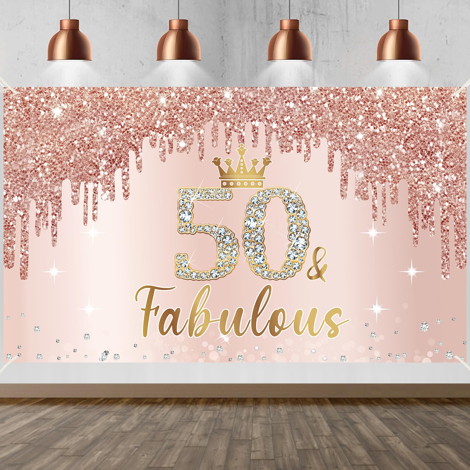 Rose Gold 50th Birthday Banner Party Decorations for Women, Pink Rose Gold 50 & Fabulous Happy 50th Birthday Banner Party Supplies, Fifty Years Old Bday Background Photo Sign for Indoor Outdoor