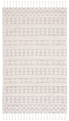 SAFAVIEH Natura Collection Accent Rug - 4' x 6', Ivory & Blue, Handmade Flat Weave Moroccan Boho Rustic Braided Tassel Wool, Ideal for High Traffic Areas in Entryway, Living Room, Bedroom (NAT309A)