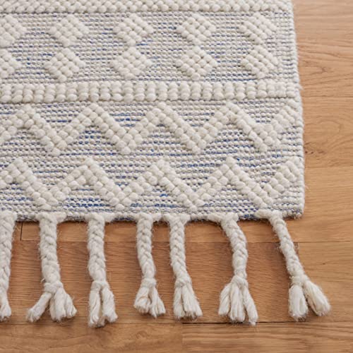 SAFAVIEH Natura Collection Accent Rug - 4' x 6', Ivory & Blue, Handmade Flat Weave Moroccan Boho Rustic Braided Tassel Wool, Ideal for High Traffic Areas in Entryway, Living Room, Bedroom (NAT309A)
