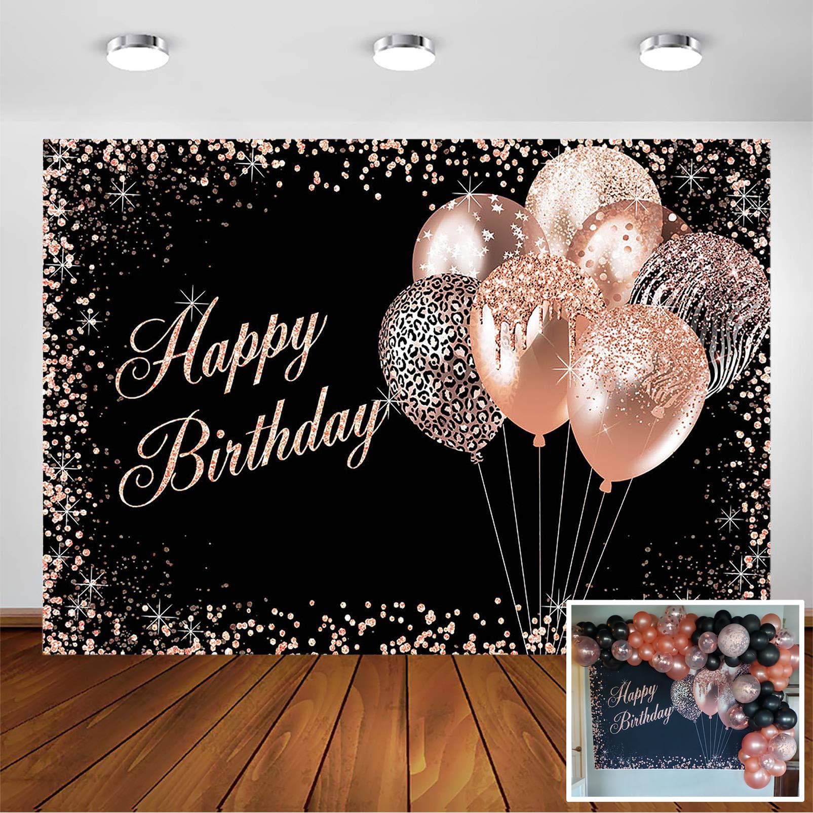 Avezano Rose Gold Birthday Backdrop for Girls Women Happy Birthday Party Decoration Photoshoot Black Rose Gold Glitter Balloon Bday Party Photography Background (7x5ft)