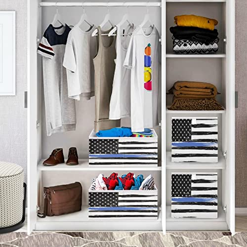 KEEPREAL USA Flag A with Thin Blue Line Basket Bin Large Storage Basket Toy Basket Rectangular Storage Basket Clothes Basket Decorative Basket for Home Office