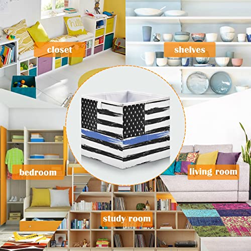 KEEPREAL USA Flag A with Thin Blue Line Basket Bin Large Storage Basket Toy Basket Rectangular Storage Basket Clothes Basket Decorative Basket for Home Office