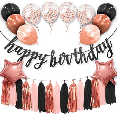 Black Rose Gold Birthday Party Decorations - Glittery Black Happy Birthday Banner(Pre-Strung), Tissue Paper Tassels Garland and Foil Confetti Balloons for Women Girls(Black Rose Gold).