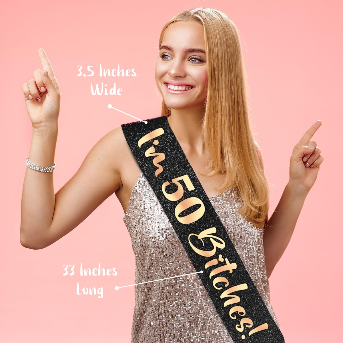PartyForever 50th Birthday Decoration Sash I'm 50 Bitches! for Women Black 33.5 inch Long with Rose Gold Letters for Her