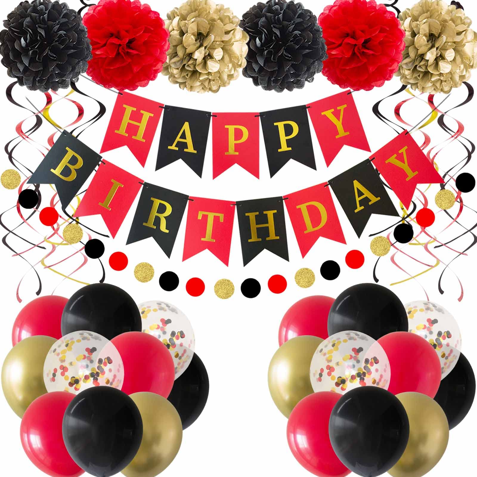 ANSOMO Red Black and Gold Happy Birthday Party Decorations Banner Swirls Balloons for Men Women Boys Girls Him Her