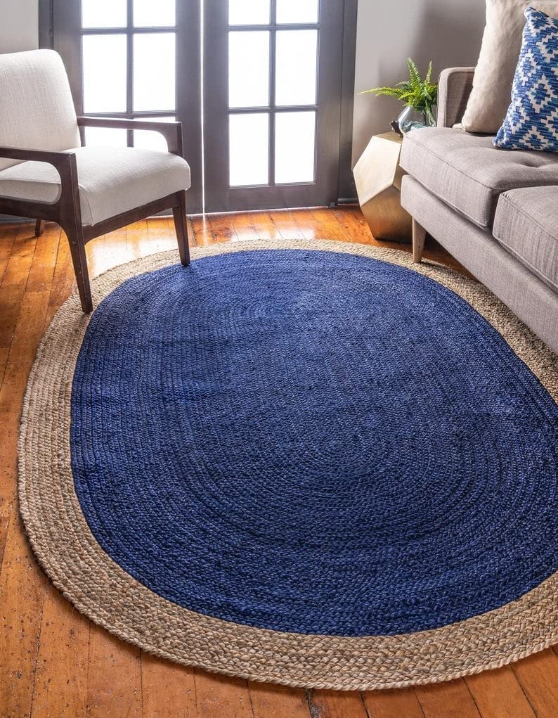 PATEL EXPORTS 4x6 5x8 Oval Natural Jute Rug Beige Border and Blue Clour Handmade Braided Rustic Area Rug Indian Bohemian Rag Rug Eco Friendly Home Decor Large Rug (2x3 Oval Rug)