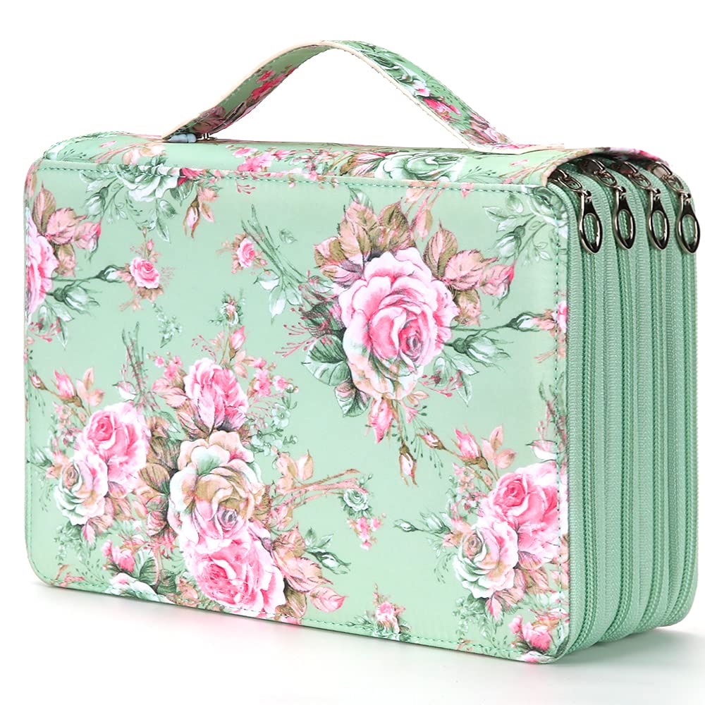 Colored Pencil Case - 200 Slots Pencil Holder with Zipper Closure Twill Fabric Large Capacity Pencil Case for Watercolor Pens or Markers, Pencil Case Organizer for Artist or Student (Green Rose)