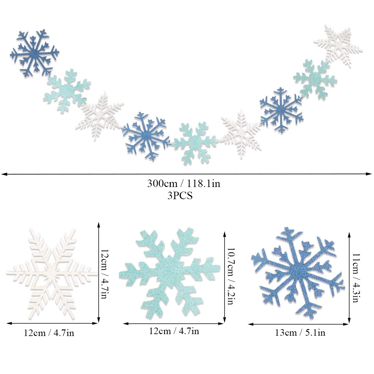 3 Pack Glitter Snowflake Banner Winter Snowflake Garland for Christmas Holiday Themed Party Decor Santa Festive Party Decor Winter Mantle New Year Party Home Decorations, White & Blue & Light Blue