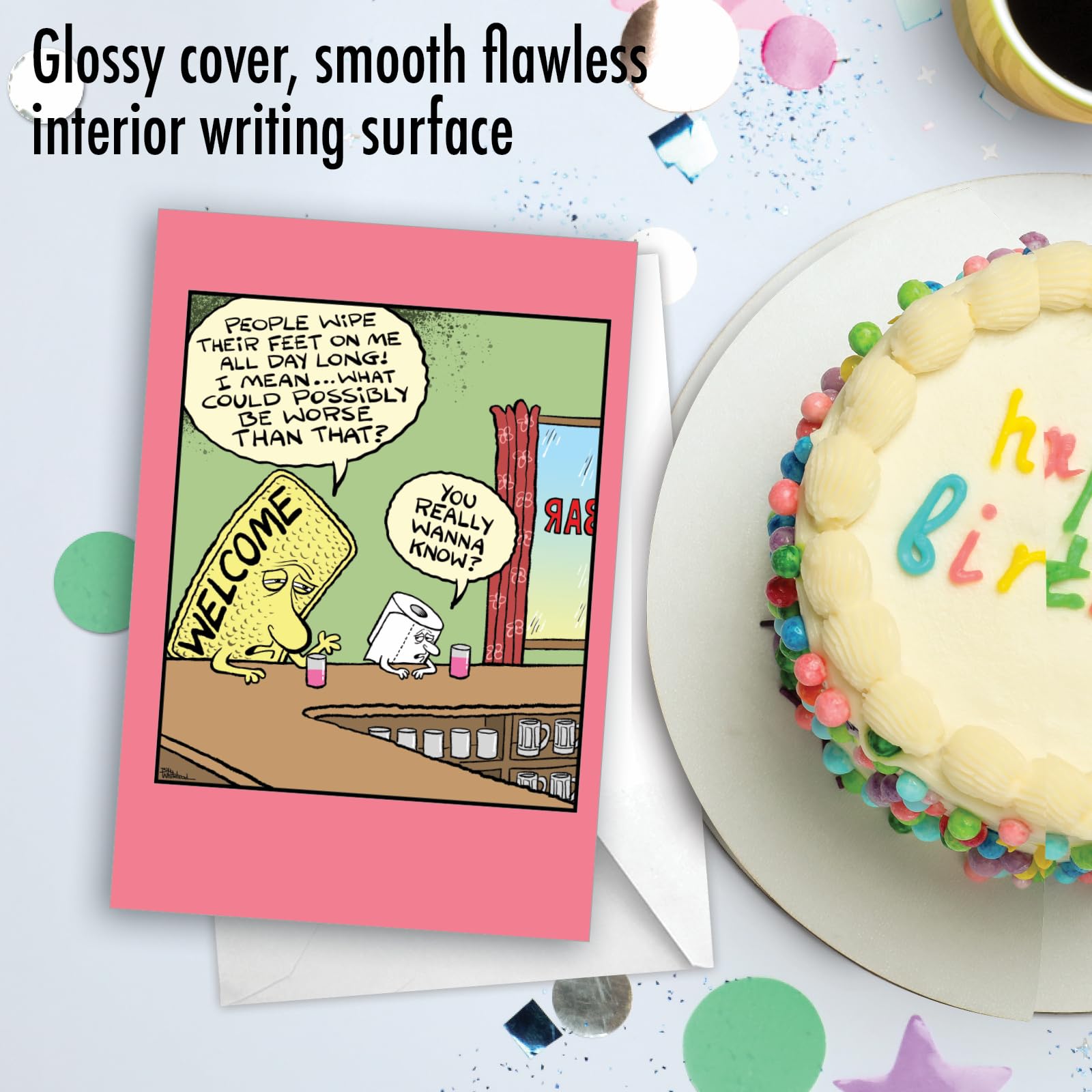 NobleWorks - 1 Happy Birthday Greeting Card Funny - Cartoon Comic Humor, Celebrate Birthdays Notecard - Welcome Mat C9283BDG