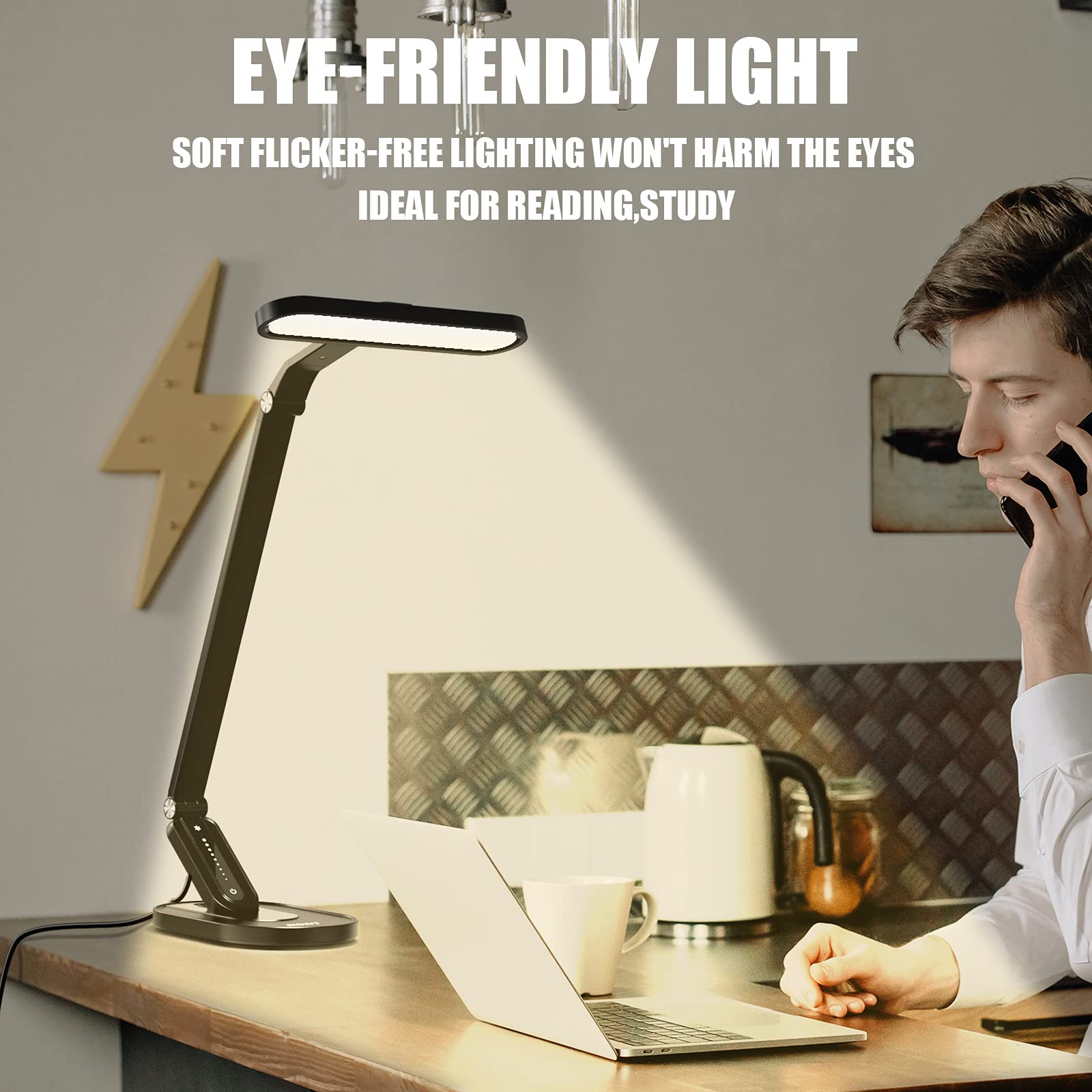 JKSWT LED Desk Lamp, Eye-Caring Table Lamps with 72 LED, 9 Brightness Levels, 5 Color Modes, USB Charging Port,Touch Control and Memory Function, 10W Reading Lamps for Home Office, Black