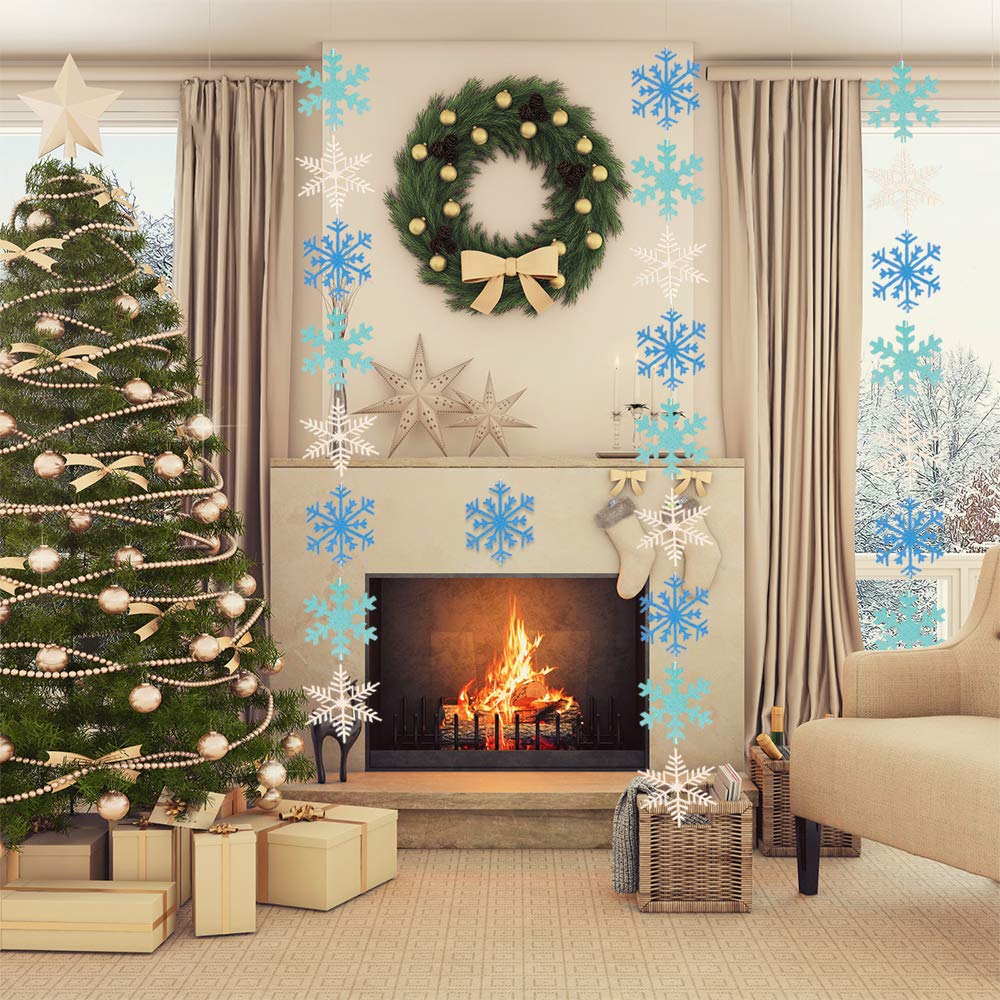 3 Pack Glitter Snowflake Banner Winter Snowflake Garland for Christmas Holiday Themed Party Decor Santa Festive Party Decor Winter Mantle New Year Party Home Decorations, White & Blue & Light Blue