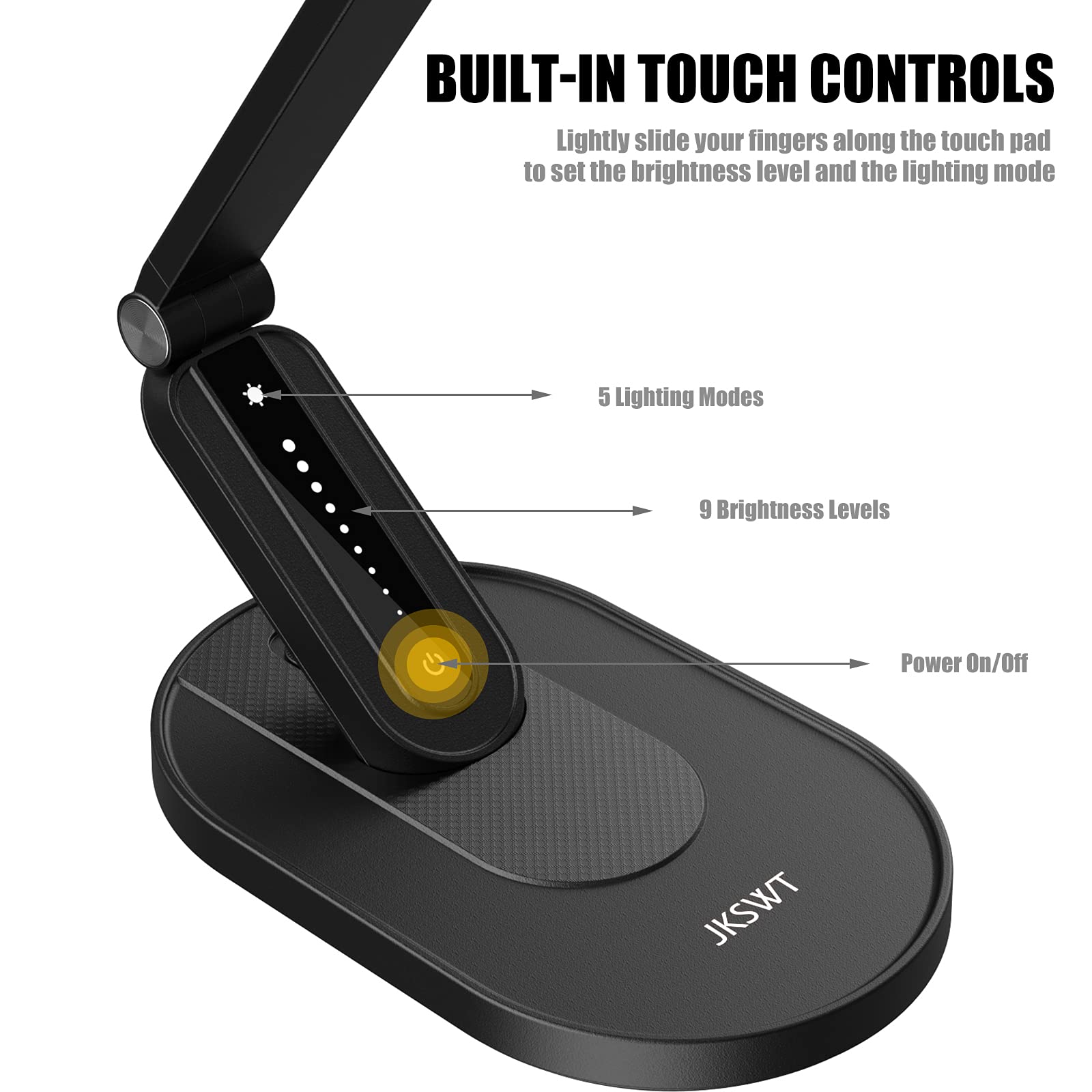 JKSWT LED Desk Lamp, Eye-Caring Table Lamps with 72 LED, 9 Brightness Levels, 5 Color Modes, USB Charging Port,Touch Control and Memory Function, 10W Reading Lamps for Home Office, Black