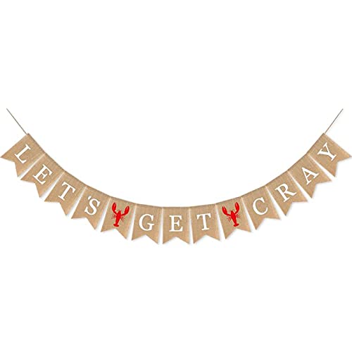 SWYOUN Burlap Let's Get Cray Banner Summer Crawfish Party Supplies Lobster Theme Birthday Party Mantle Fireplace Decoration