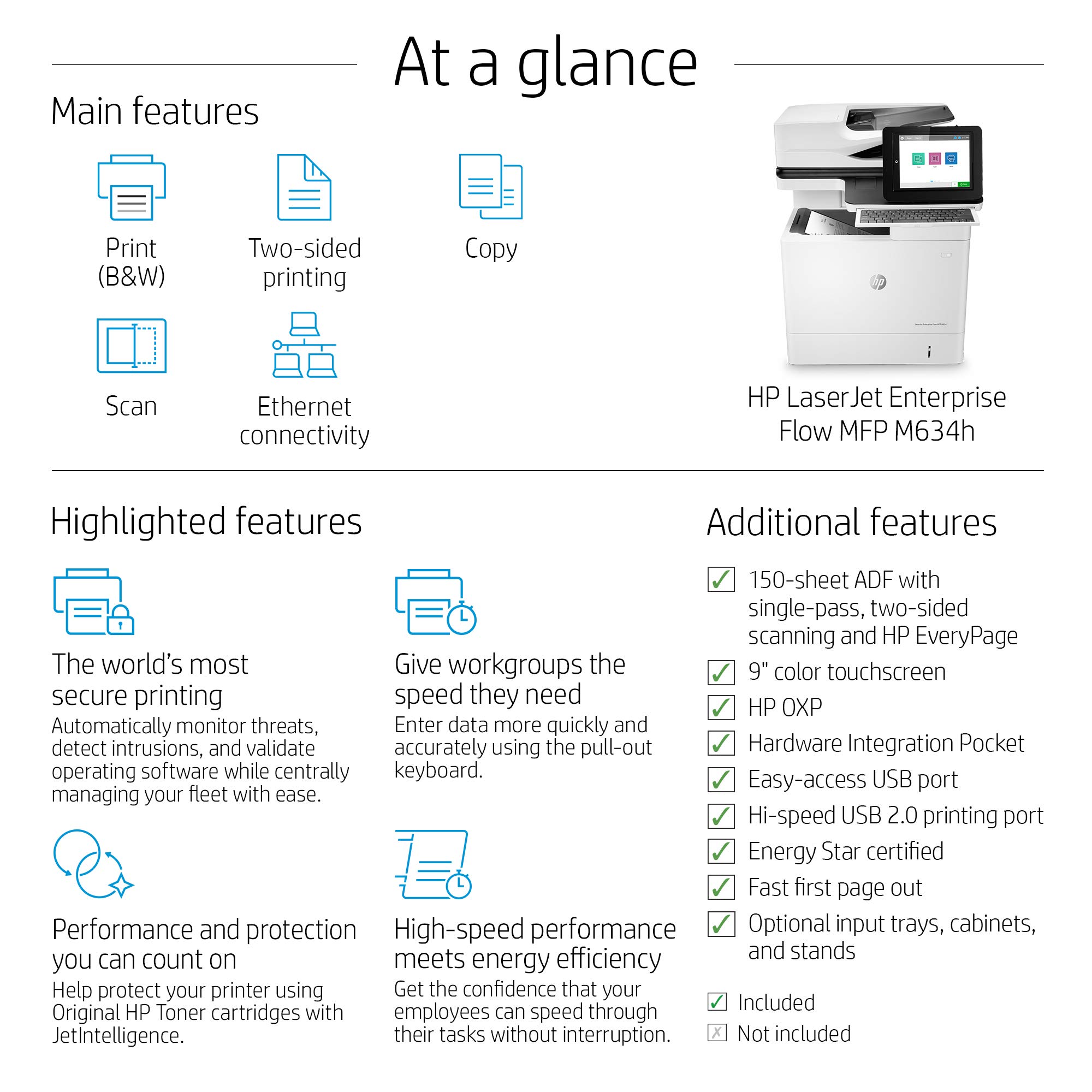 HP LaserJet Enterprise Flow MFP M634h Monochrome All-in-One Printer with built-in Ethernet & 2-sided printing (7PS95A)