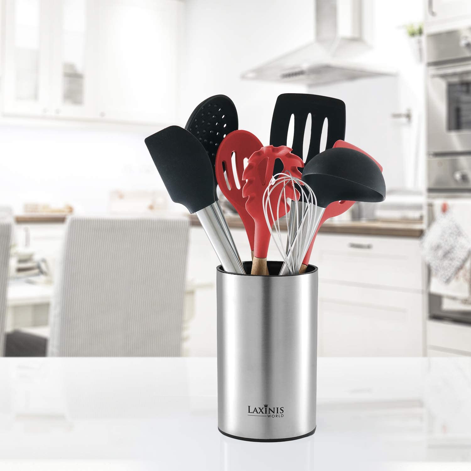 Stainless Steel Kitchen Utensil Holder, Kitchen Caddy, Utensil Organizer, Round Shape Utensils Crock, 7" by 4.3" (utensils not included)