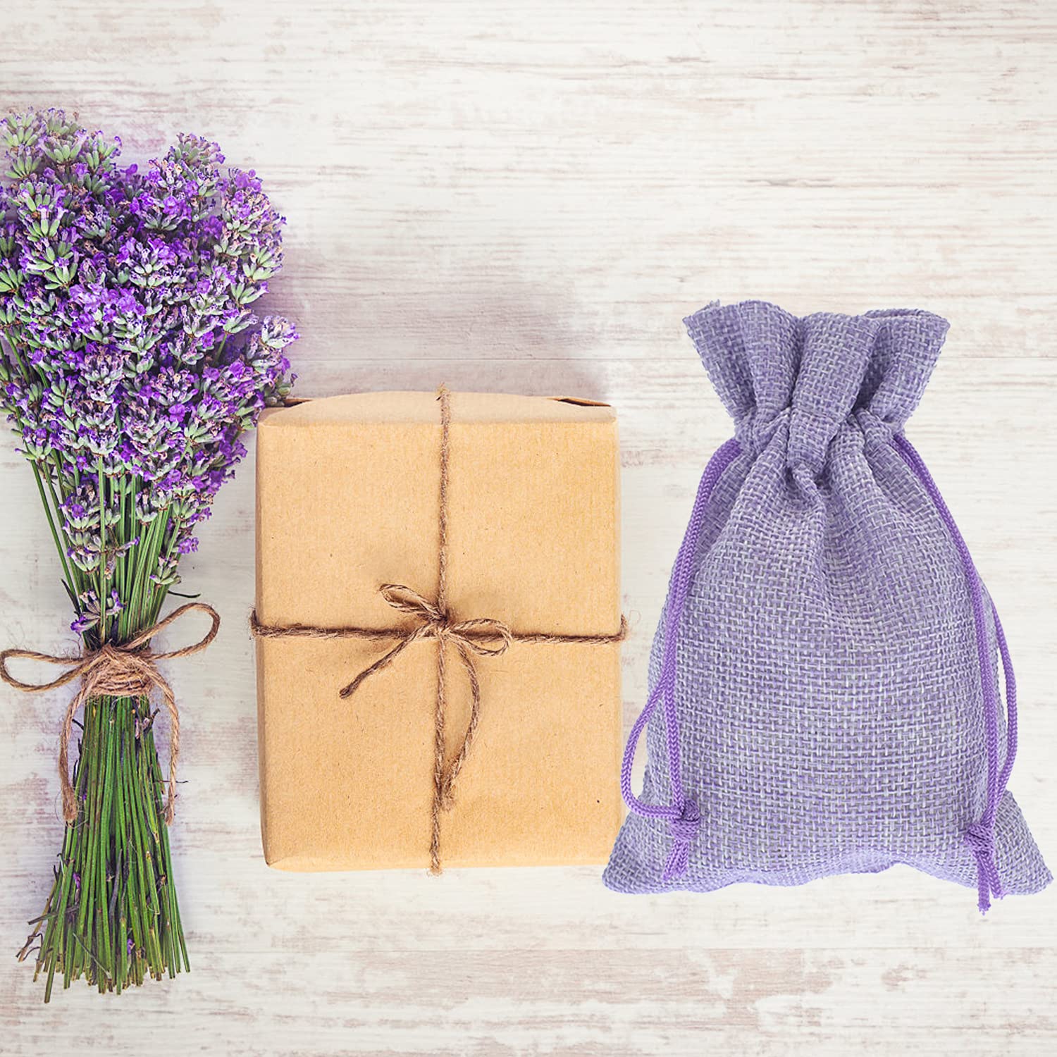 Bezall 20pcs Burlap Bags with Drawstring 2.7 x 3.5 inch, Linen Gift Bags Jewelry Pouches Sachets for Wedding Party Favor, DIY Crafts Projects, Presents (Light Purple)