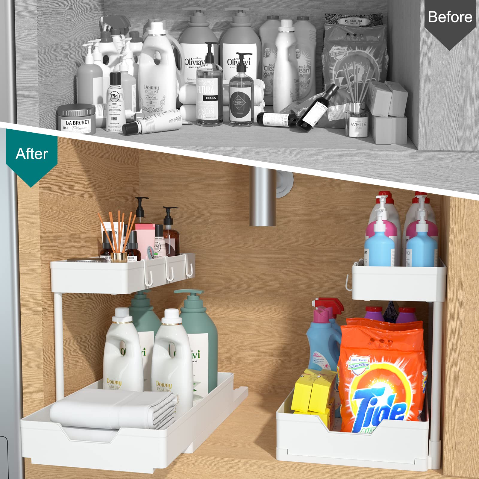 2-Tier Under Sink Organizers and Storage 2 Pack Sliding L-shape Under Cabinet Organizers For Narrow Space Multi-purpose Sink Organizer for Bathroom Kitchen Drawer(White 2 Pack)