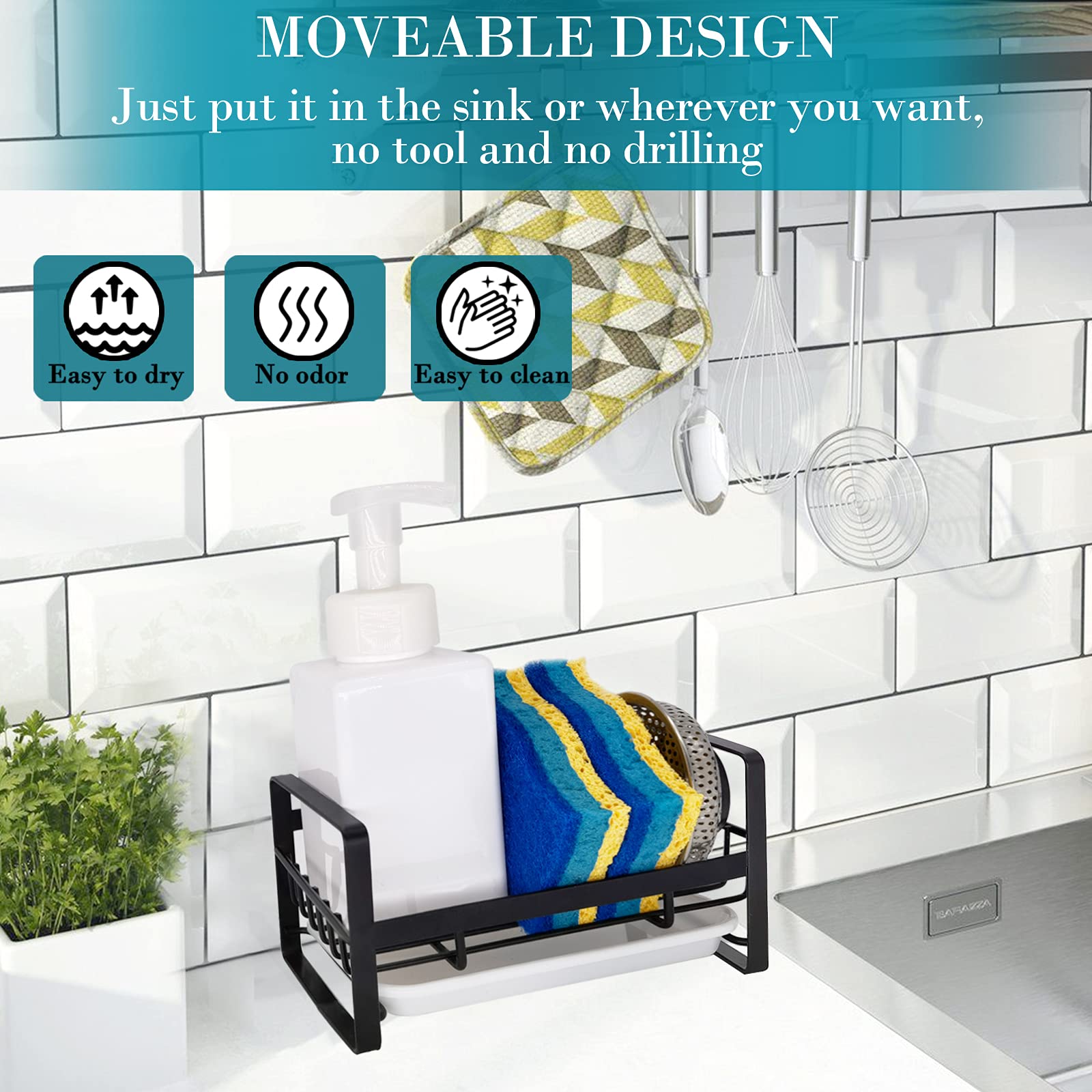 VANTEN Kitchen Sink Caddy Sponge Holder Sink Caddy Organizer, Sponge Holder for Sink, Sink Tray Drainer Rack, Soap Dish Dispenser Brush Holder Storage Kitchen Accessories -Countertop or Adhesive
