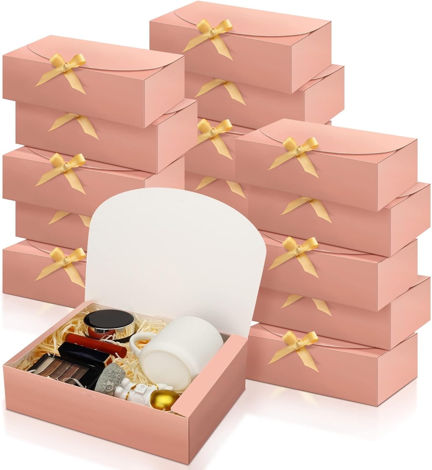 SWANGSA 16 Set Gift Boxes with Lids, 10.6''x8''x3'' Pink Kraft Paper Gift Box, Bridesmaid Proposal Box with Ribbon and 70pcs Adhesive Dots, for Wedding, Packaging, Present, Birthday, Cupcake Boxes