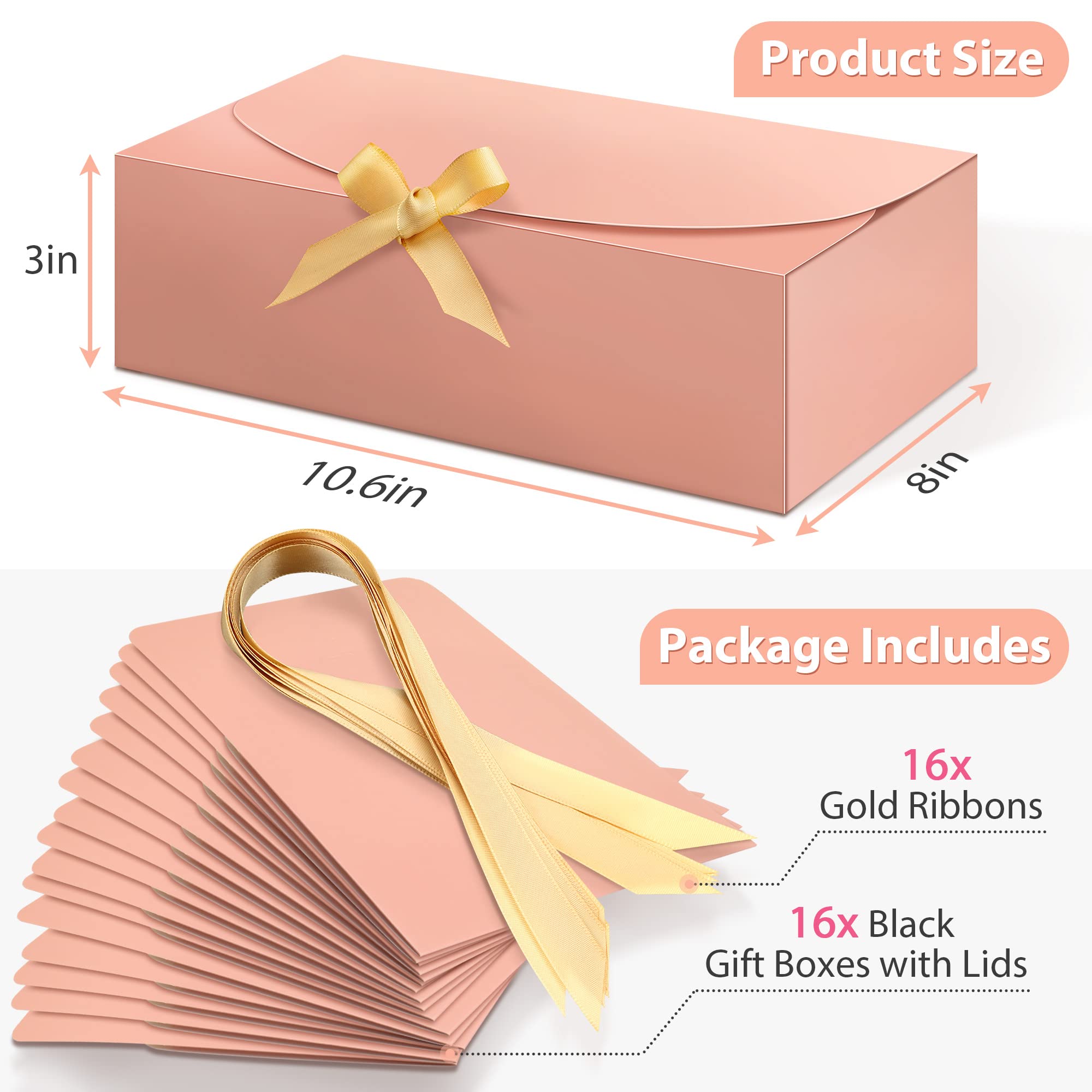 SWANGSA 16 Set Gift Boxes with Lids, 10.6''x8''x3'' Pink Kraft Paper Gift Box, Bridesmaid Proposal Box with Ribbon and 70pcs Adhesive Dots, for Wedding, Packaging, Present, Birthday, Cupcake Boxes