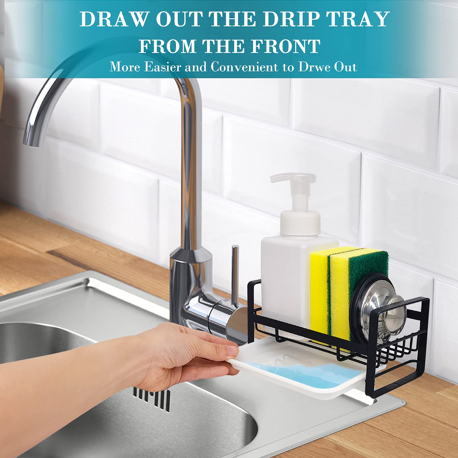 VANTEN Kitchen Sink Caddy Sponge Holder Sink Caddy Organizer, Sponge Holder for Sink, Sink Tray Drainer Rack, Soap Dish Dispenser Brush Holder Storage Kitchen Accessories -Countertop or Adhesive
