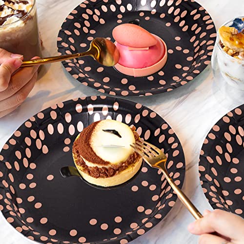 Round Disposable Black and Rose Gold Dotted Paper Plates - 50 x 9" and 50 x 7" Dinner Plates, Foil Polka Dots Occasions