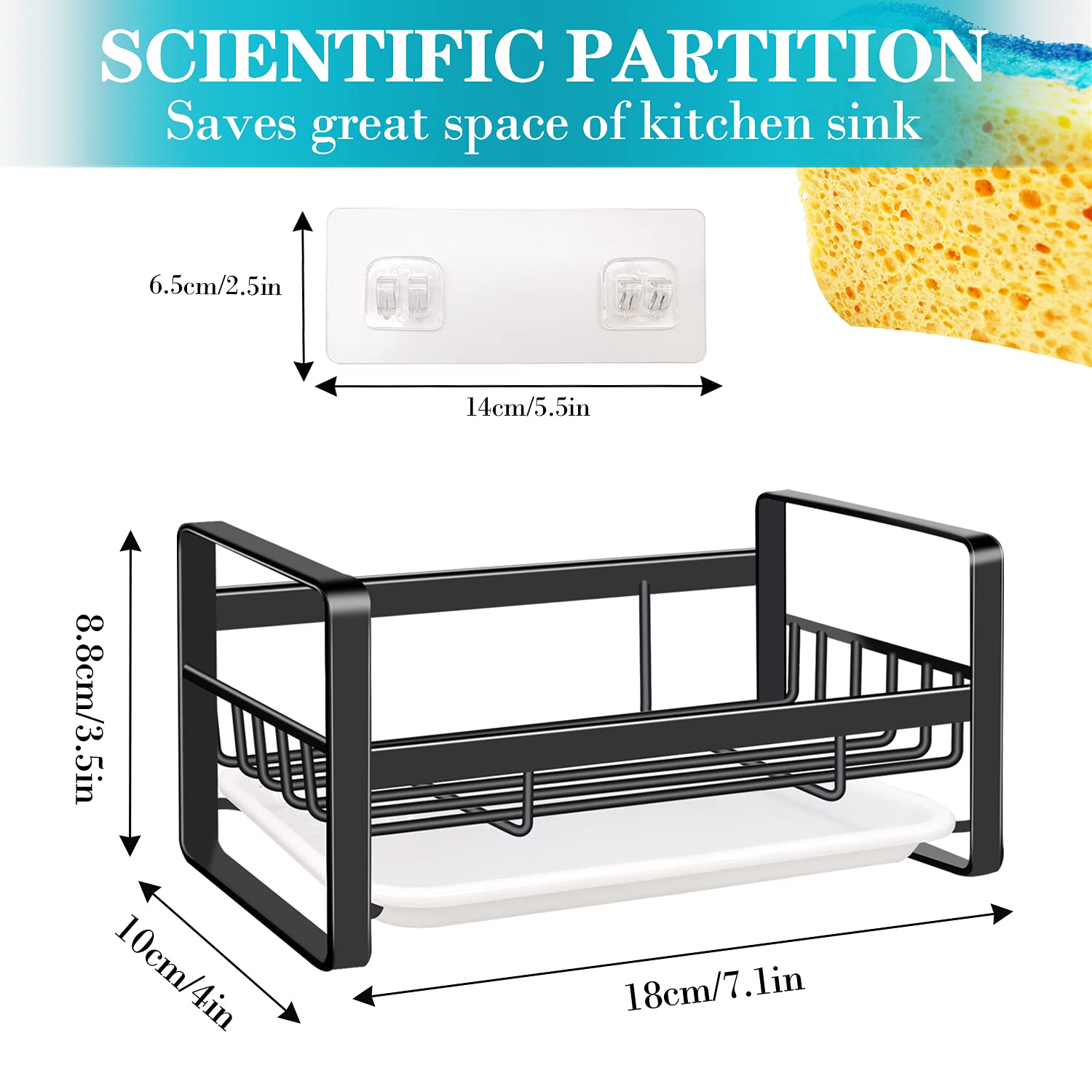 VANTEN Kitchen Sink Caddy Sponge Holder Sink Caddy Organizer, Sponge Holder for Sink, Sink Tray Drainer Rack, Soap Dish Dispenser Brush Holder Storage Kitchen Accessories -Countertop or Adhesive