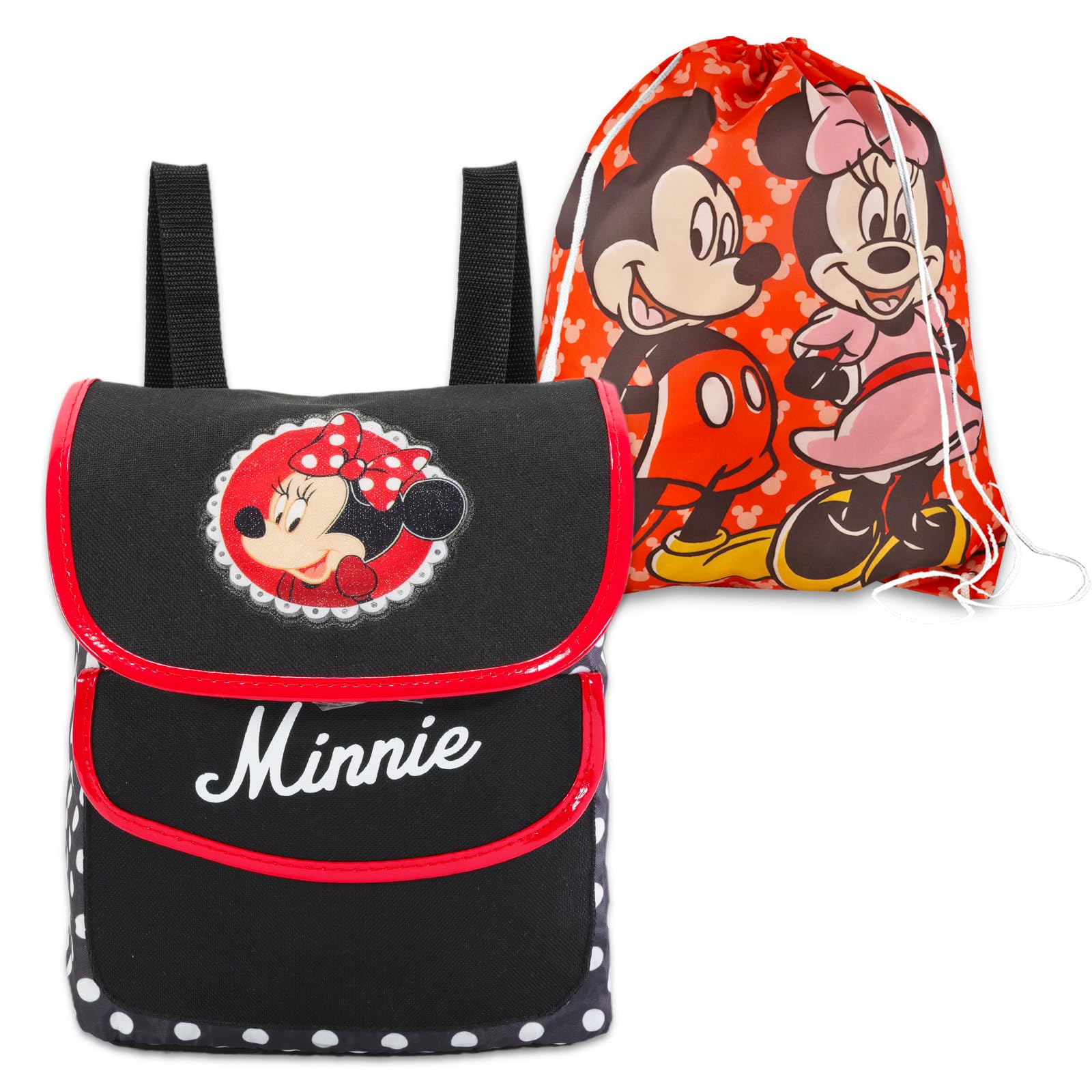 Fast Forward Minnie Mouse Backpack for Girls Set - 2 Pack Bundle with 12” Minnie Mouse Preschool Mini Backpack and Minnie Drawstring Bag | Minnie Backpack