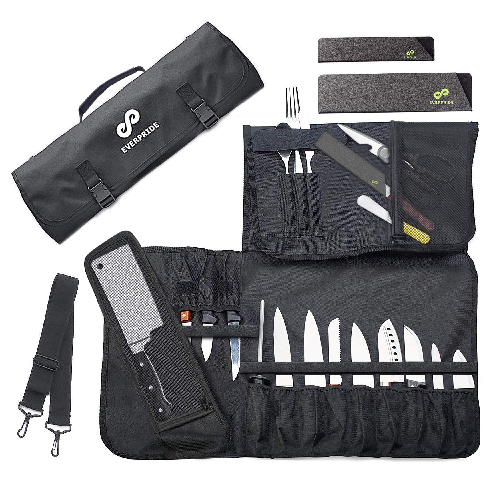 EVERPRIDE Chef Knife Roll Bag Holds 12 Knives β Contains 2 Large Zippered Pockets for Meat Cleavers and Cooking Tools β Durable Knife Case for Chefs and Culinary Students β Includes 2 Knife Guards