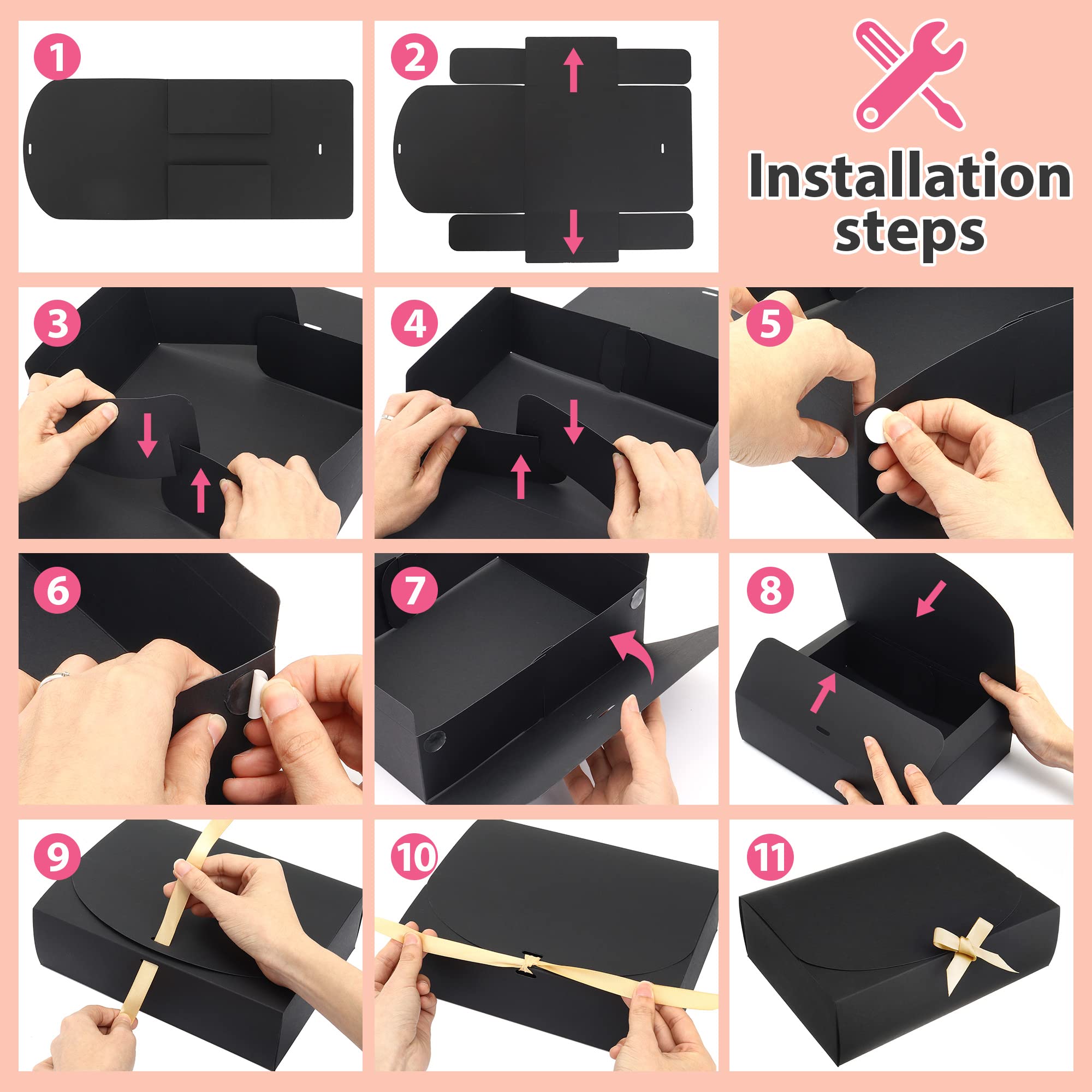 SWANGSA 16 Set Gift Boxes with Lids, 10.6''x8''x3'' Pink Kraft Paper Gift Box, Bridesmaid Proposal Box with Ribbon and 70pcs Adhesive Dots, for Wedding, Packaging, Present, Birthday, Cupcake Boxes