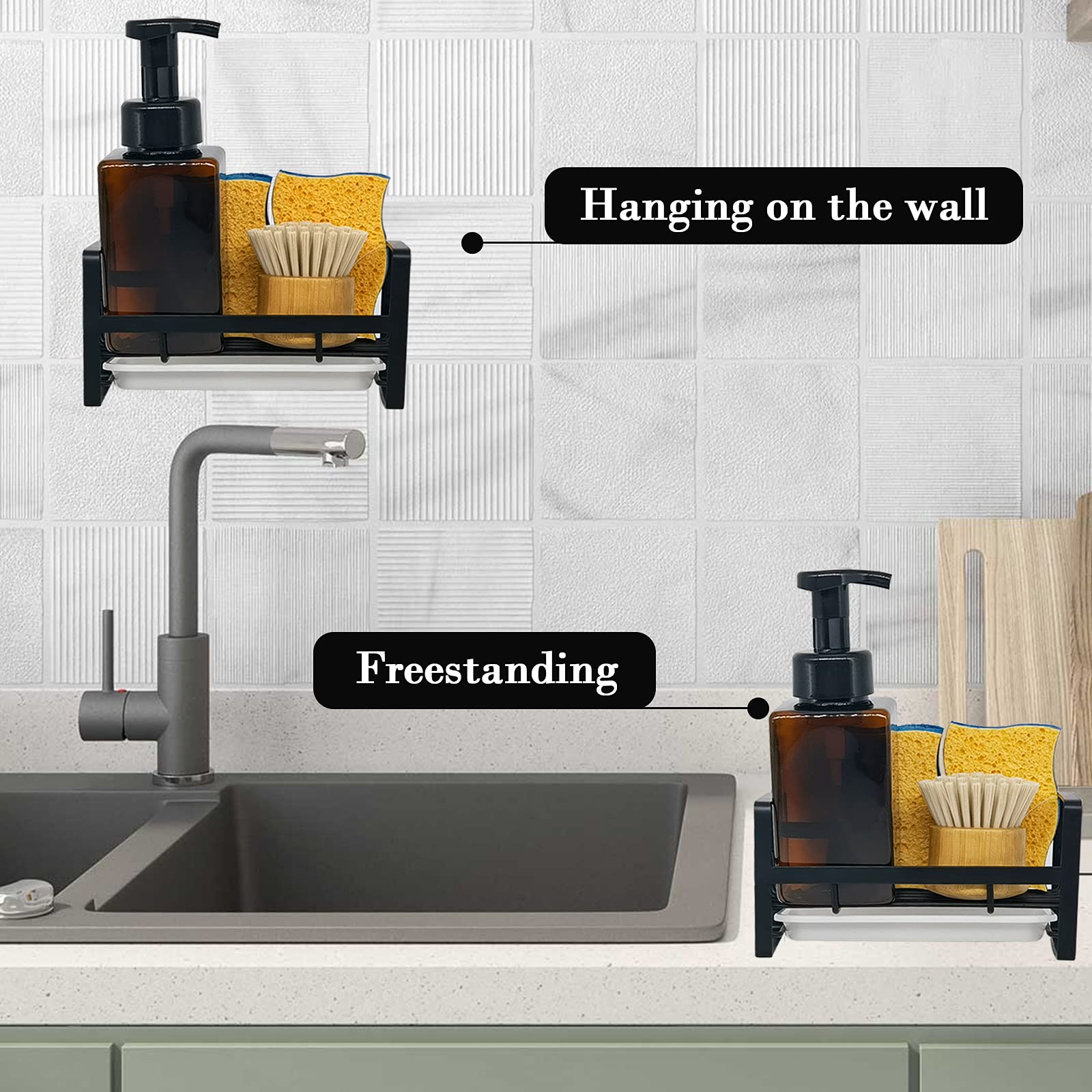 VANTEN Kitchen Sink Caddy Sponge Holder Sink Caddy Organizer, Sponge Holder for Sink, Sink Tray Drainer Rack, Soap Dish Dispenser Brush Holder Storage Kitchen Accessories -Countertop or Adhesive