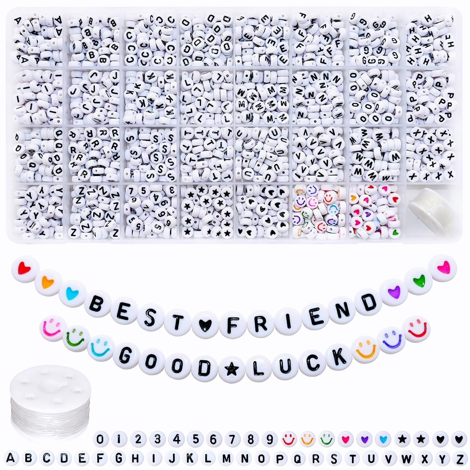 Amaney 1400 Pieces 4x7mm White Round Acrylic Alphabet Letter Beads A-Z Heart Pattern Beads and Crystal Line for Jewelry Making Bracelets Necklaces Key Chains