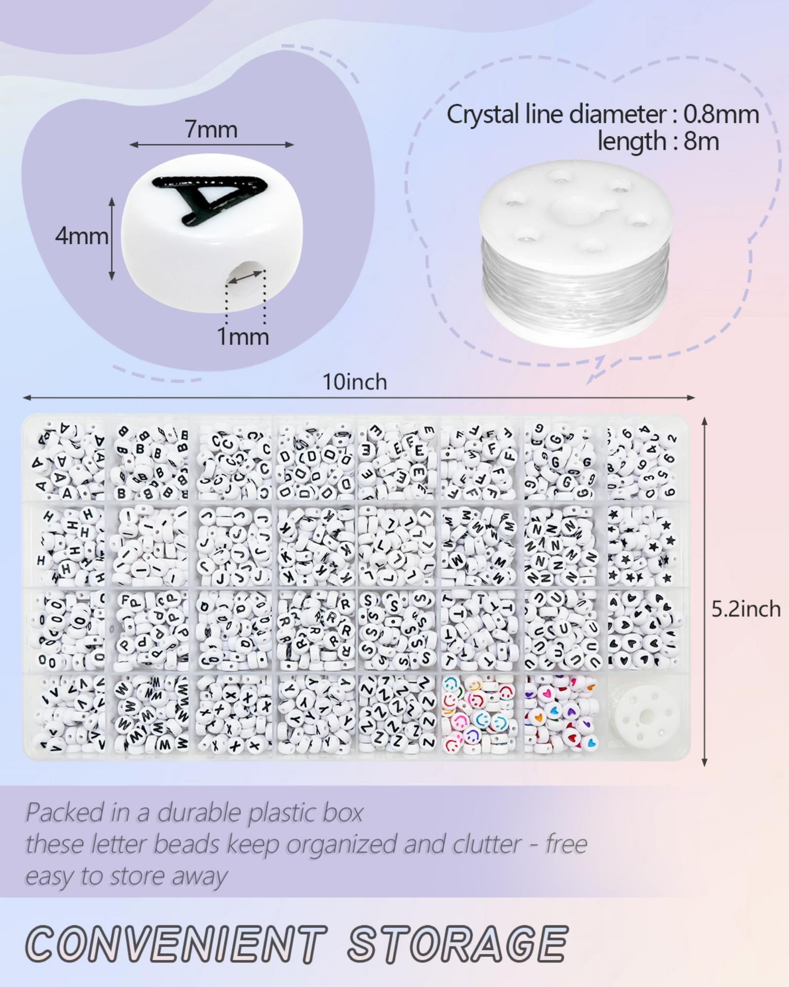 Amaney 1400 Pieces 4x7mm White Round Acrylic Alphabet Letter Beads A-Z Heart Pattern Beads and Crystal Line for Jewelry Making Bracelets Necklaces Key Chains