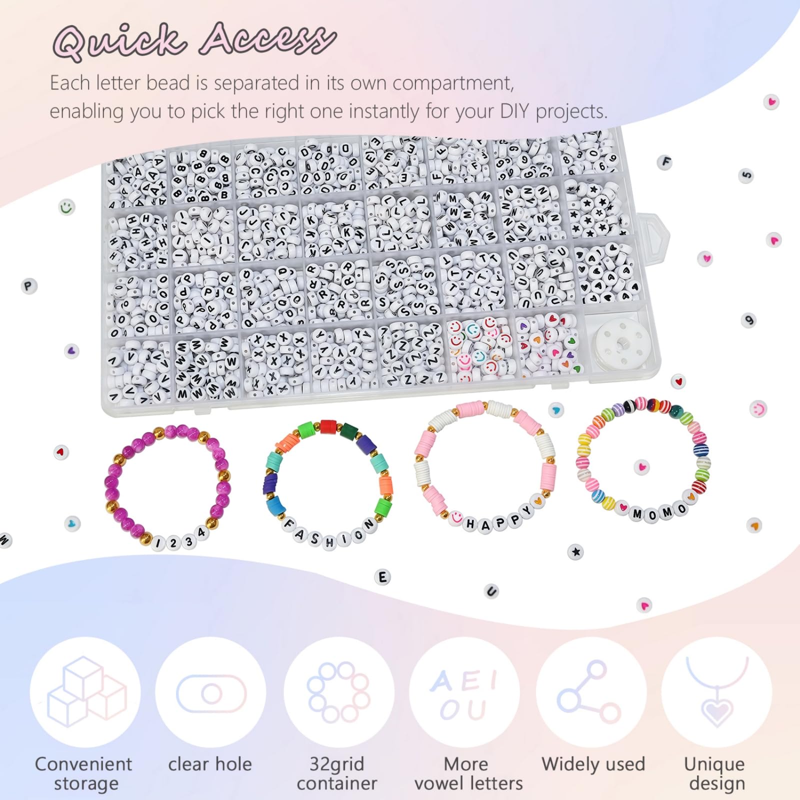 Amaney 1400 Pieces 4x7mm White Round Acrylic Alphabet Letter Beads A-Z Heart Pattern Beads and Crystal Line for Jewelry Making Bracelets Necklaces Key Chains