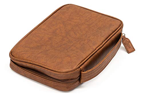 Brown Three Crosses Leather Like Vinyl Bible Cover Case with Handle Medium