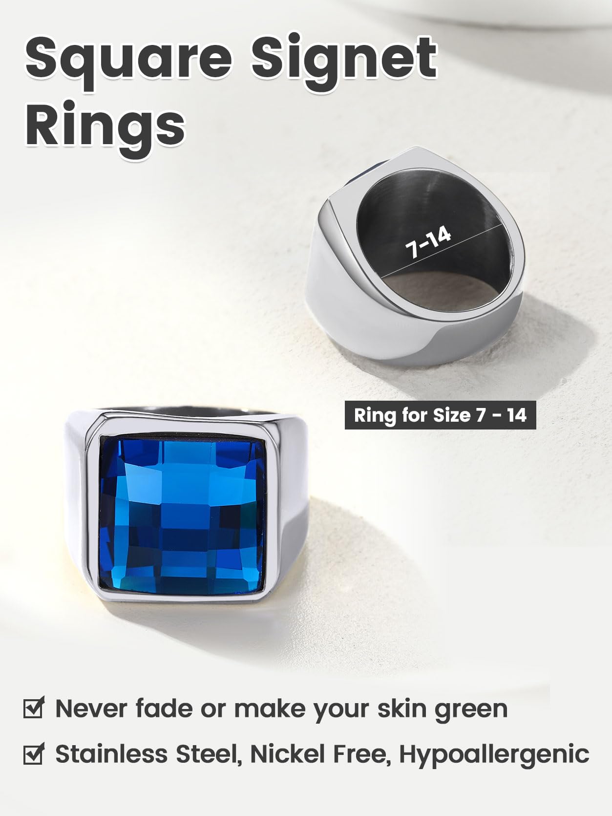 KeyStyle Blue Sapphire Large Rings For Men, Diamond Cut Created Stone Signet Rings Size 12