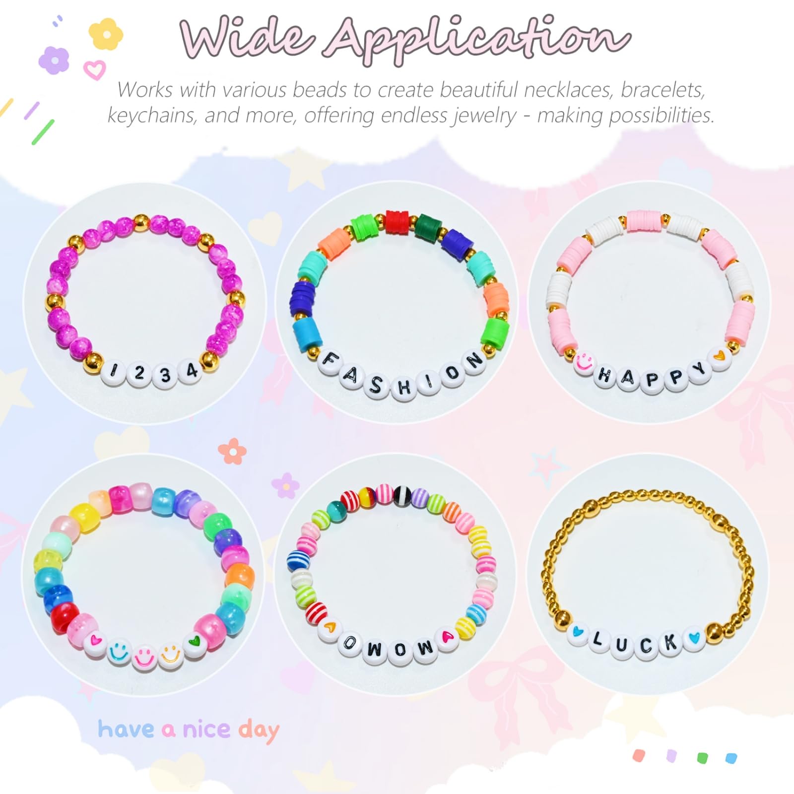 Amaney 1400 Pieces 4x7mm White Round Acrylic Alphabet Letter Beads A-Z Heart Pattern Beads and Crystal Line for Jewelry Making Bracelets Necklaces Key Chains