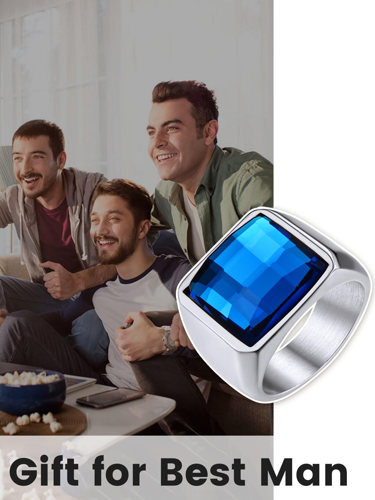 KeyStyle Blue Sapphire Large Rings For Men, Diamond Cut Created Stone Signet Rings Size 12