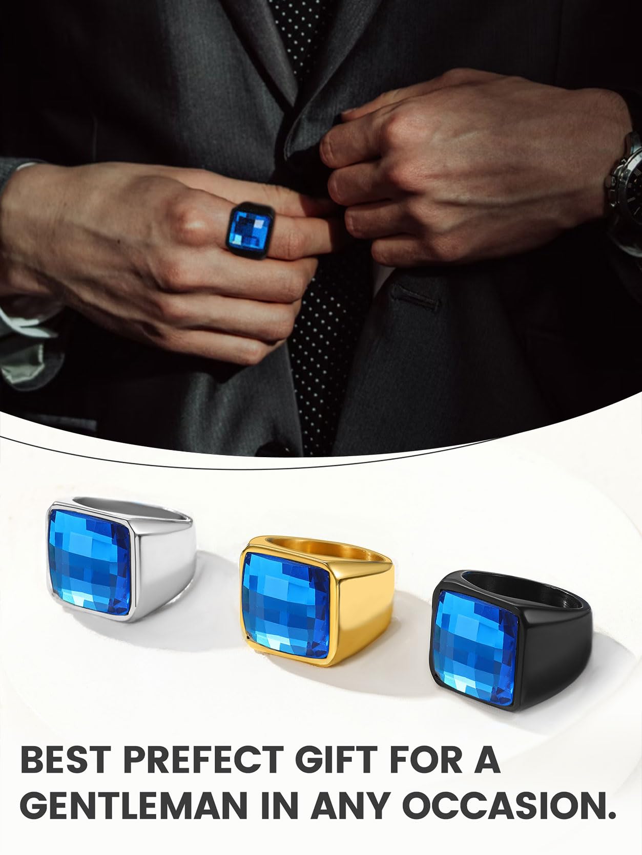 KeyStyle Blue Sapphire Large Rings For Men, Diamond Cut Created Stone Signet Rings Size 12