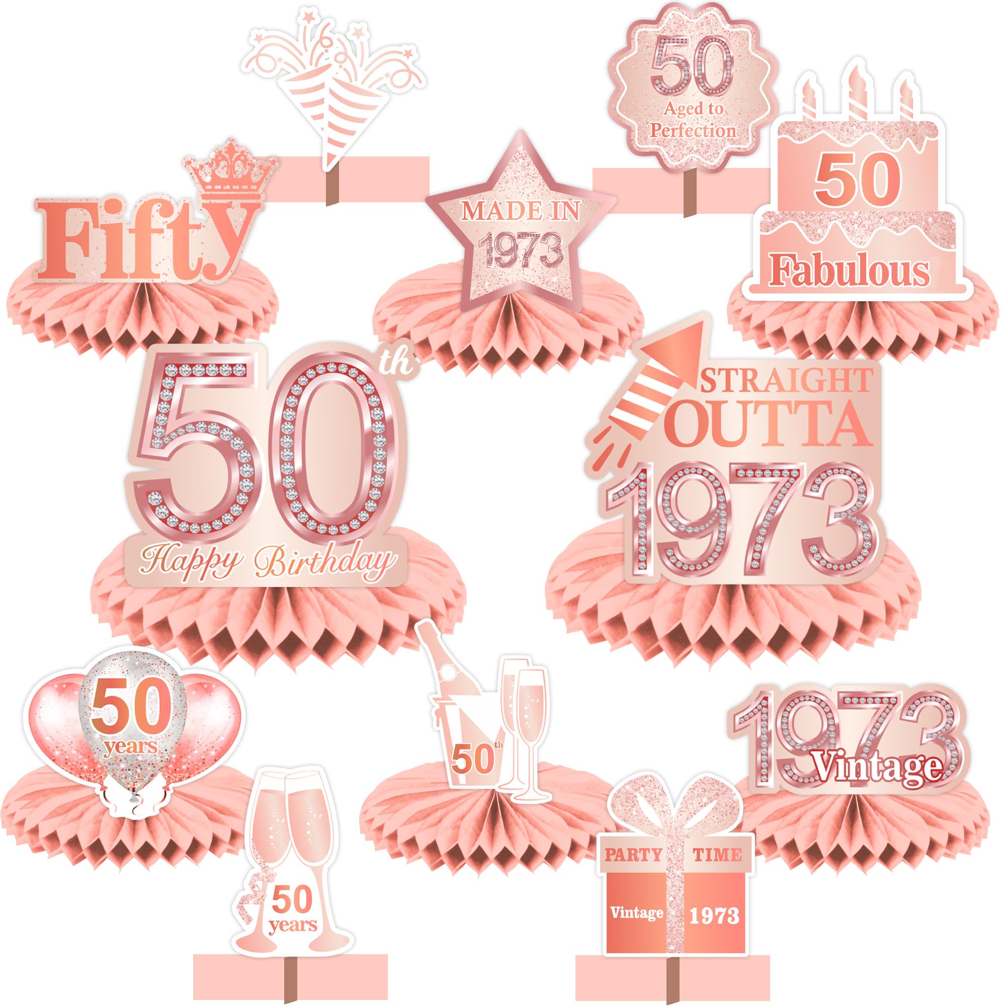 Happy 50th Birthday Rose Gold Table Honeycomb Centerpieces Balloons Theme Decor Table Decorations Table Toppers for Girls Women Sweet Princess 50 Years Old Pink Birthday Party Bday Supplies Ornament