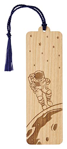 Juniper and Ivy Designs Wood Bookmark - Reading Astronaut - Laser Engraved - Wooden Book Mark with Navy Blue Tassel