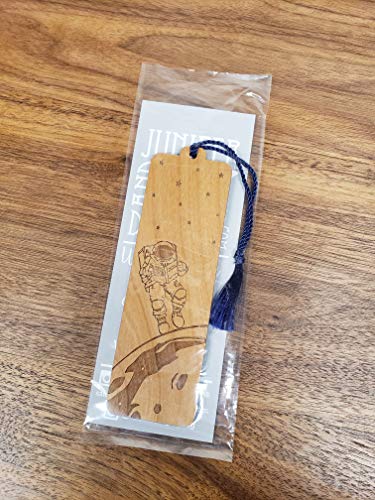 Juniper and Ivy Designs Wood Bookmark - Reading Astronaut - Laser Engraved - Wooden Book Mark with Navy Blue Tassel