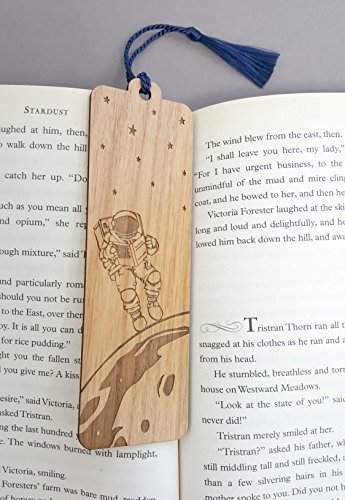 Juniper and Ivy Designs Wood Bookmark - Reading Astronaut - Laser Engraved - Wooden Book Mark with Navy Blue Tassel