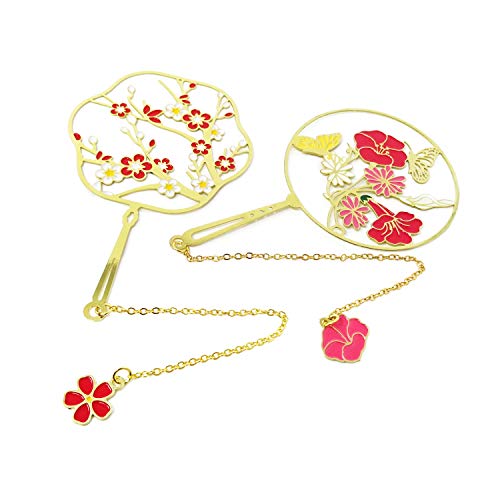 yueton Metal Hollow Bookmarks Plum Blossom Bookmarkers Rose Gold Plated Brass Page Marker with Metal Pendant for Book Lovers 2Pcs