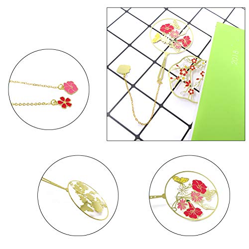 yueton Metal Hollow Bookmarks Plum Blossom Bookmarkers Rose Gold Plated Brass Page Marker with Metal Pendant for Book Lovers 2Pcs