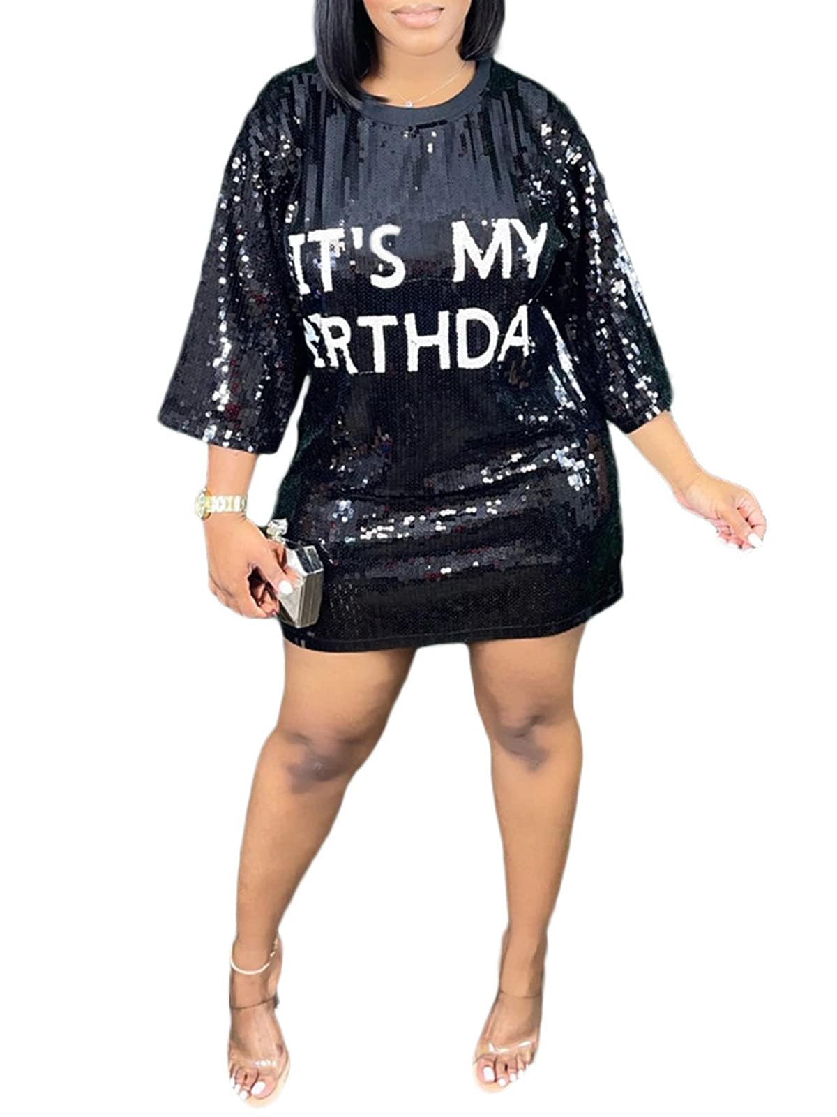 Fuiuwhs Its My Birthday Dress for Women Birthday Sequin Shirt Dress Crew Neck Glitter Top Dress Sexy Party Club Skirt Black XL
