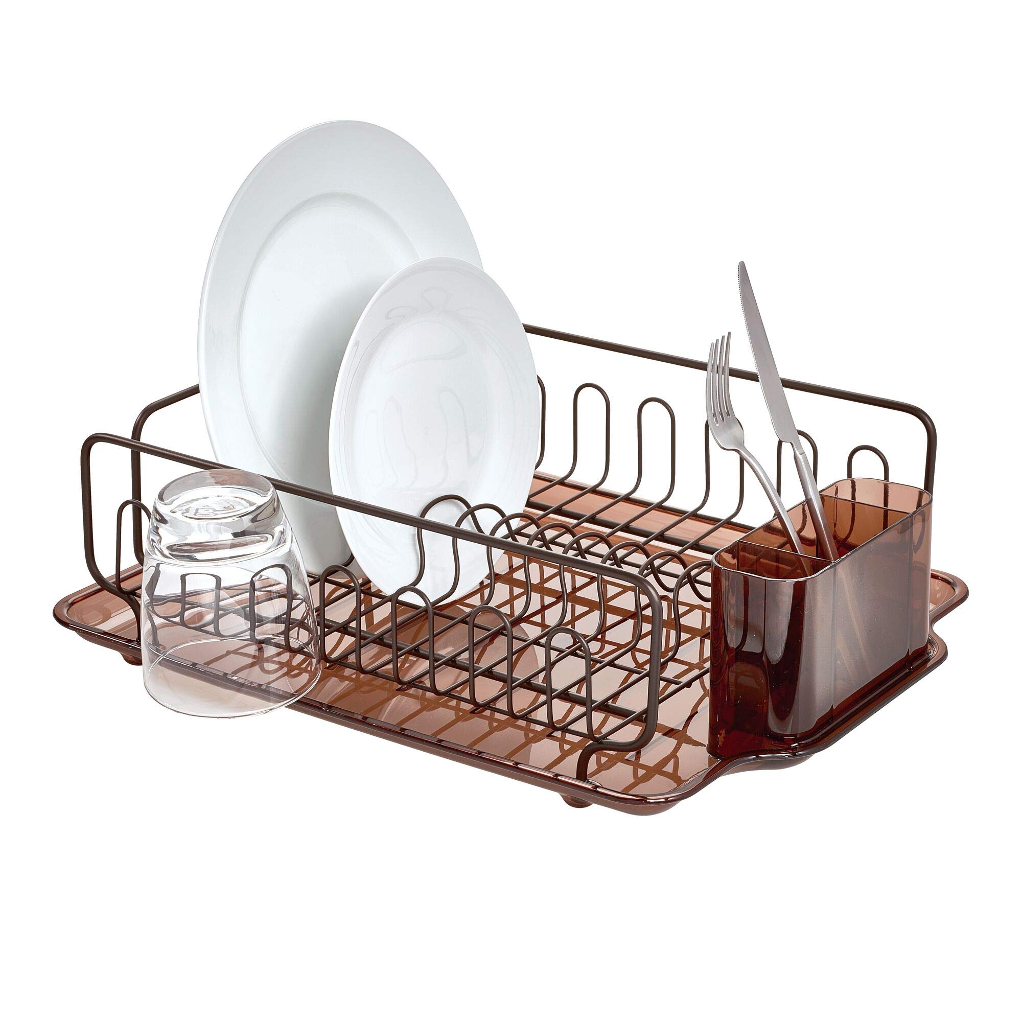 iDesign Forma Lupe Stainless Steel Metal Sink Dish Drainer Plastic Tray Kitchen Drying Rack For Glasses, Silverware, Bowls, Plates, 13.3" x 17.5" x 5.2", Bronze